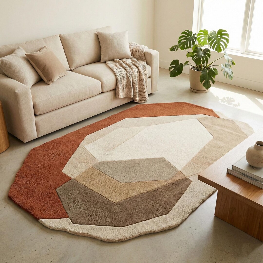 Modern Earth Tone Irregular Wool Rug, Abstract Geometric Statement ...