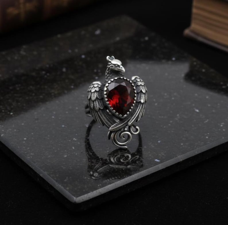 Handmade Phoenix Ring, Pear Red Garnet Gothic Brass Jewelry - Etsy