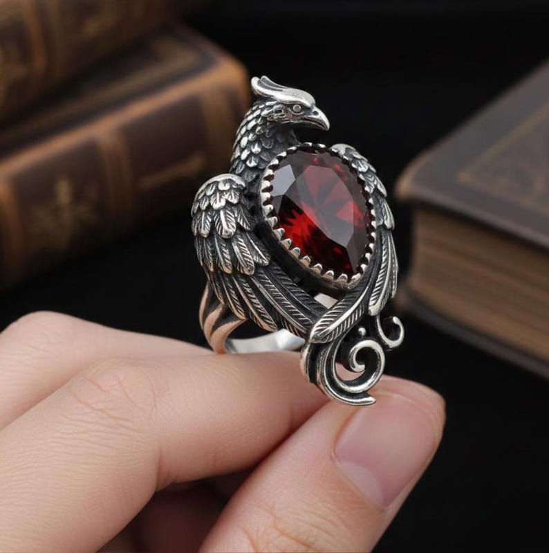Handmade Phoenix Ring, Pear Red Garnet Gothic Brass Jewelry - Etsy