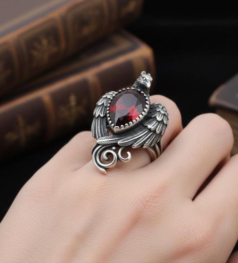 Handmade Phoenix Ring, Pear Red Garnet Gothic Brass Jewelry - Etsy