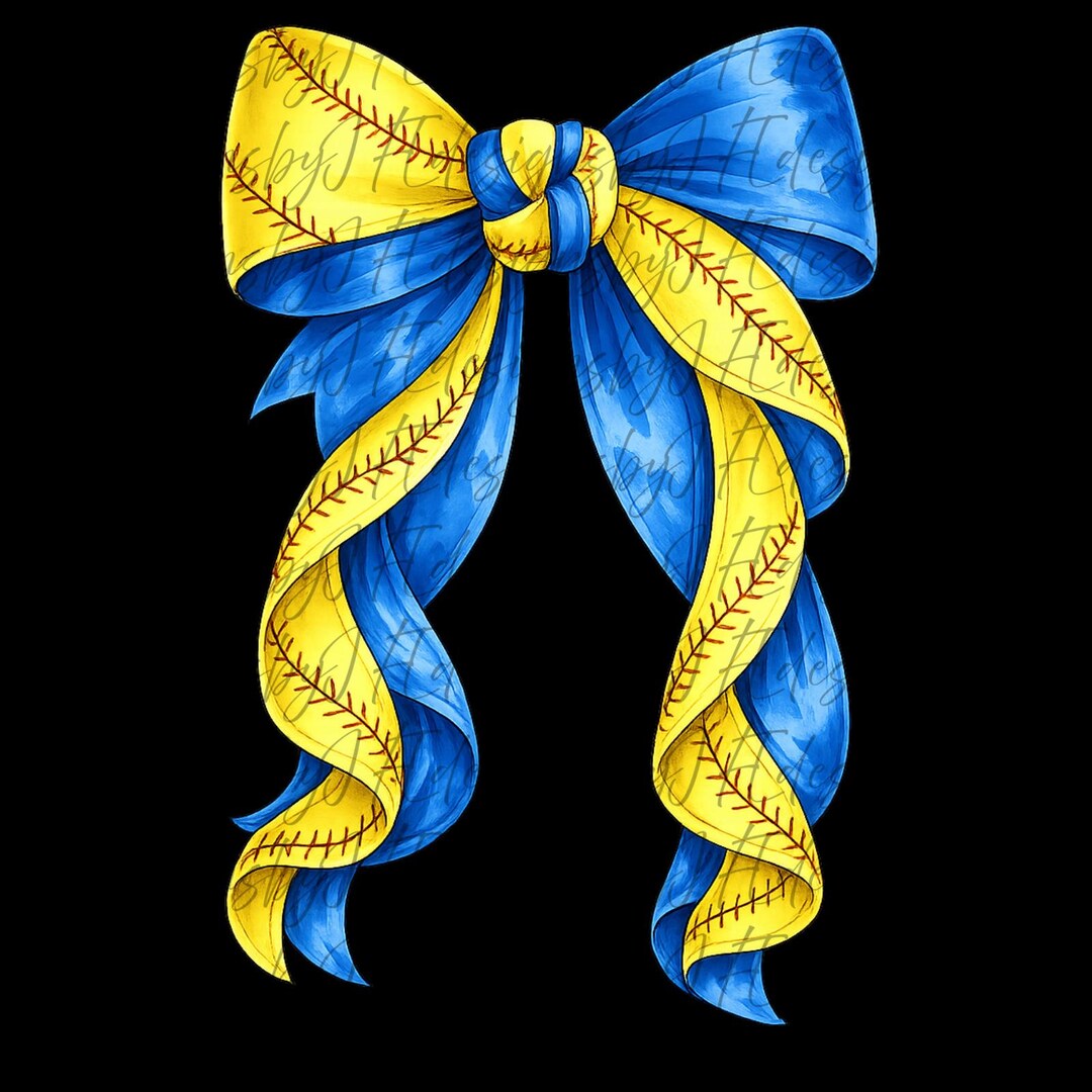 Softball Bow PNG, Blue and Yellow Softball Ribbon Bow, Watercolor ...