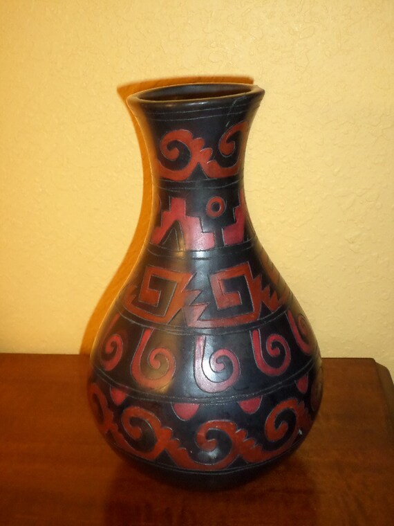 Mexican BLACK CLAY Vase/vintage/red/tribal Design/aztec Look | Etsy