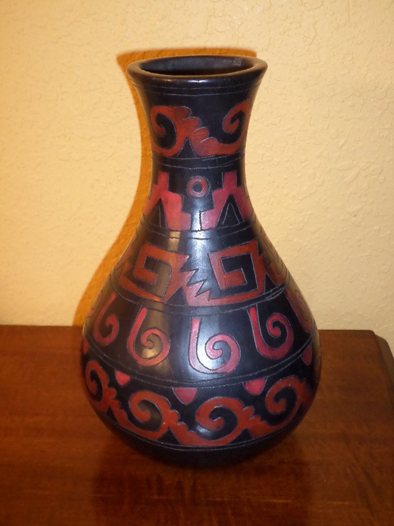 Mexican BLACK CLAY Vase/vintage/red/tribal Design/aztec Look | Etsy