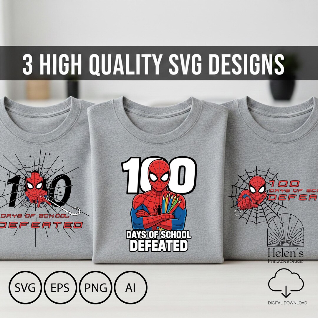 3 Spiderman 100 Days of School SVG Bundle , 100th Day Superhero PNG ...