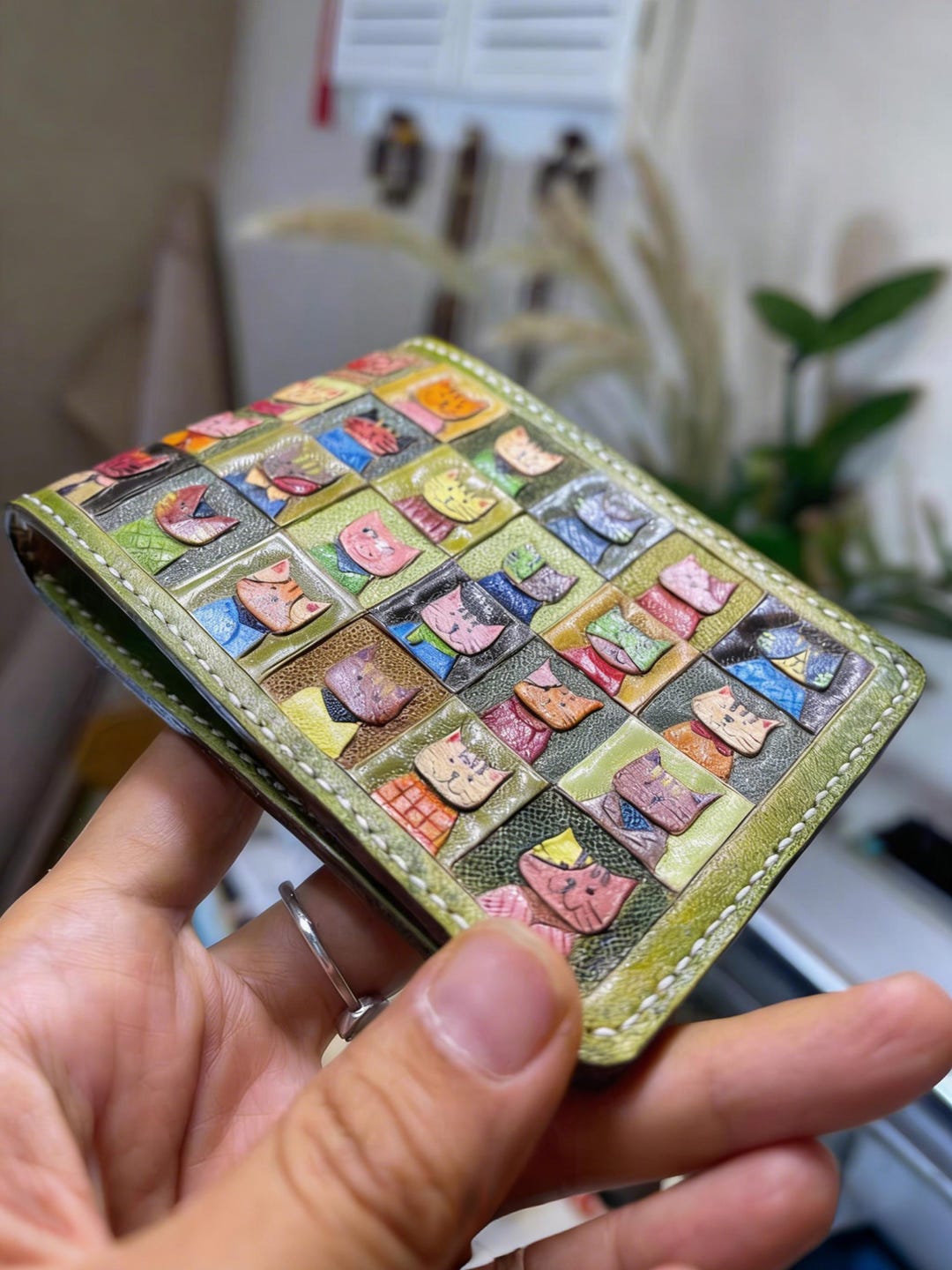 Hand-carved Cartoon Cat Leather ID Holder: Vegetable-tanned Slim Card ...