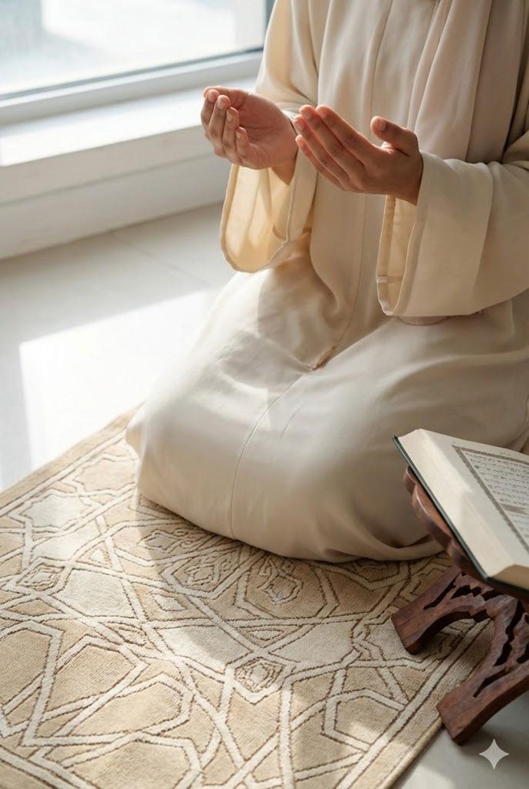 Prayer Mat Soft Beige Geometric Arabesque – Luxury Islamic Sajadah Rug ...