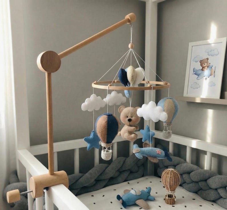 Airplane Baby Mobile, Aviator Teddy Bear, Hot Air Balloon Nursery ...