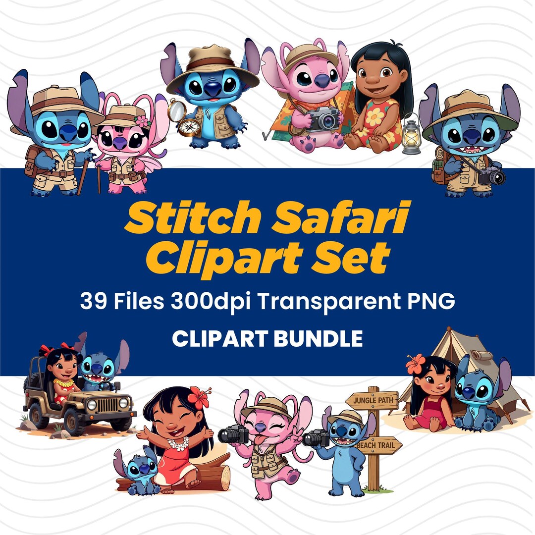 Stitch Safari Clipart Bundle, Cartoon Jungle Adventure PNG, Tropical ...