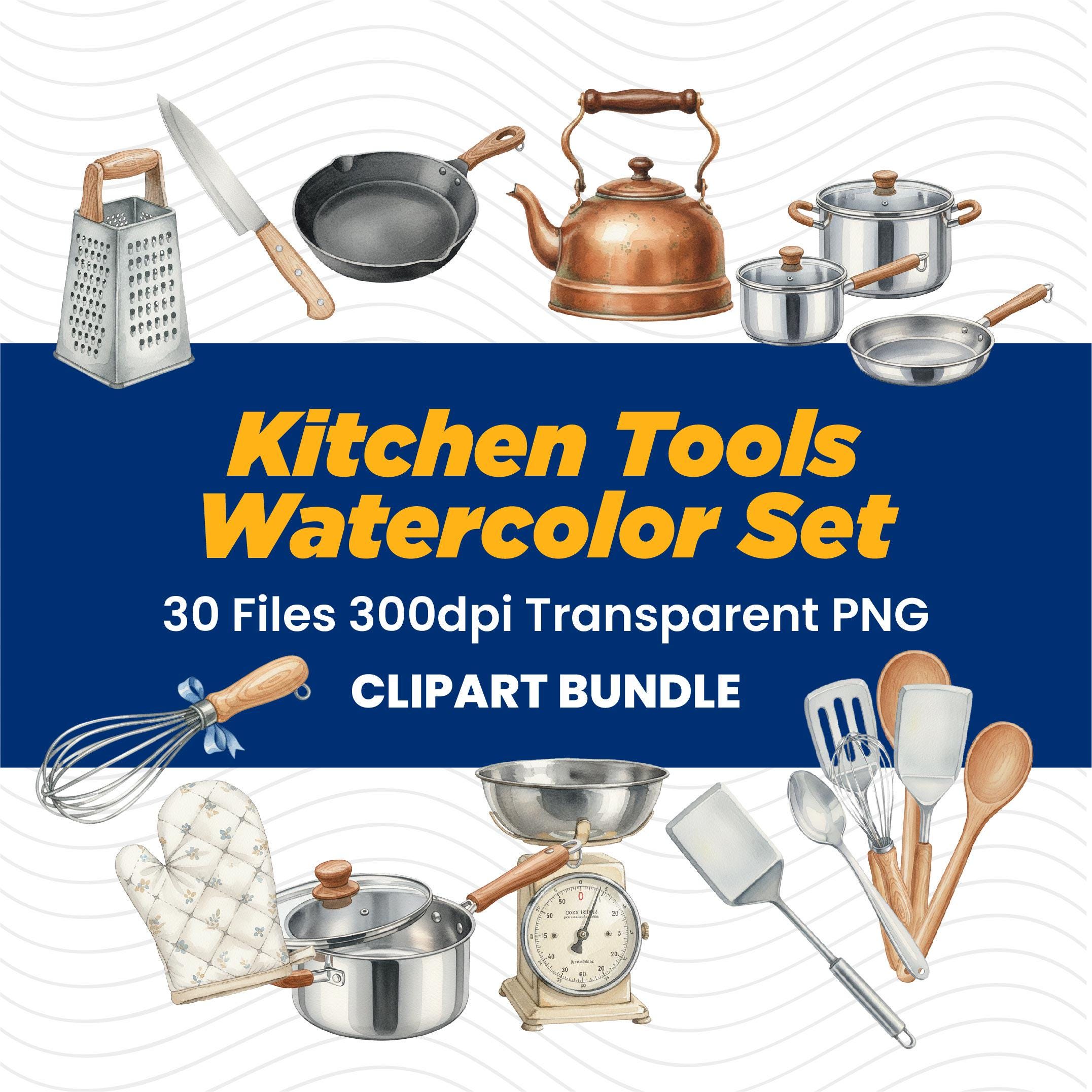 Watercolor Kitchen Utensils Clipart, Cooking Tools PNG Set (30 Files ...