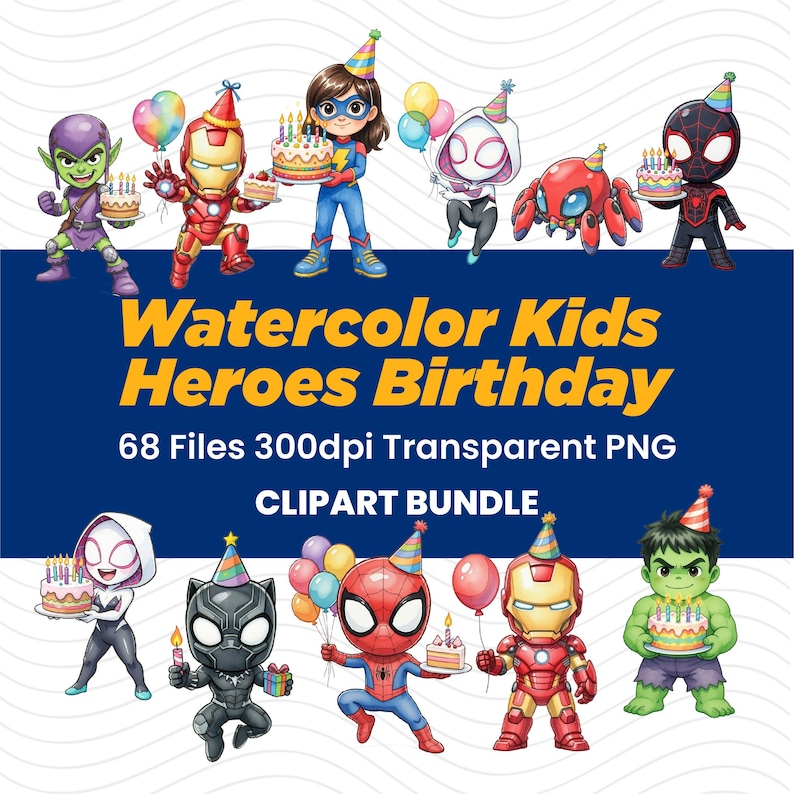 Watercolor Superhero Birthday Clipart | Kids Party PNG Set (digital ...