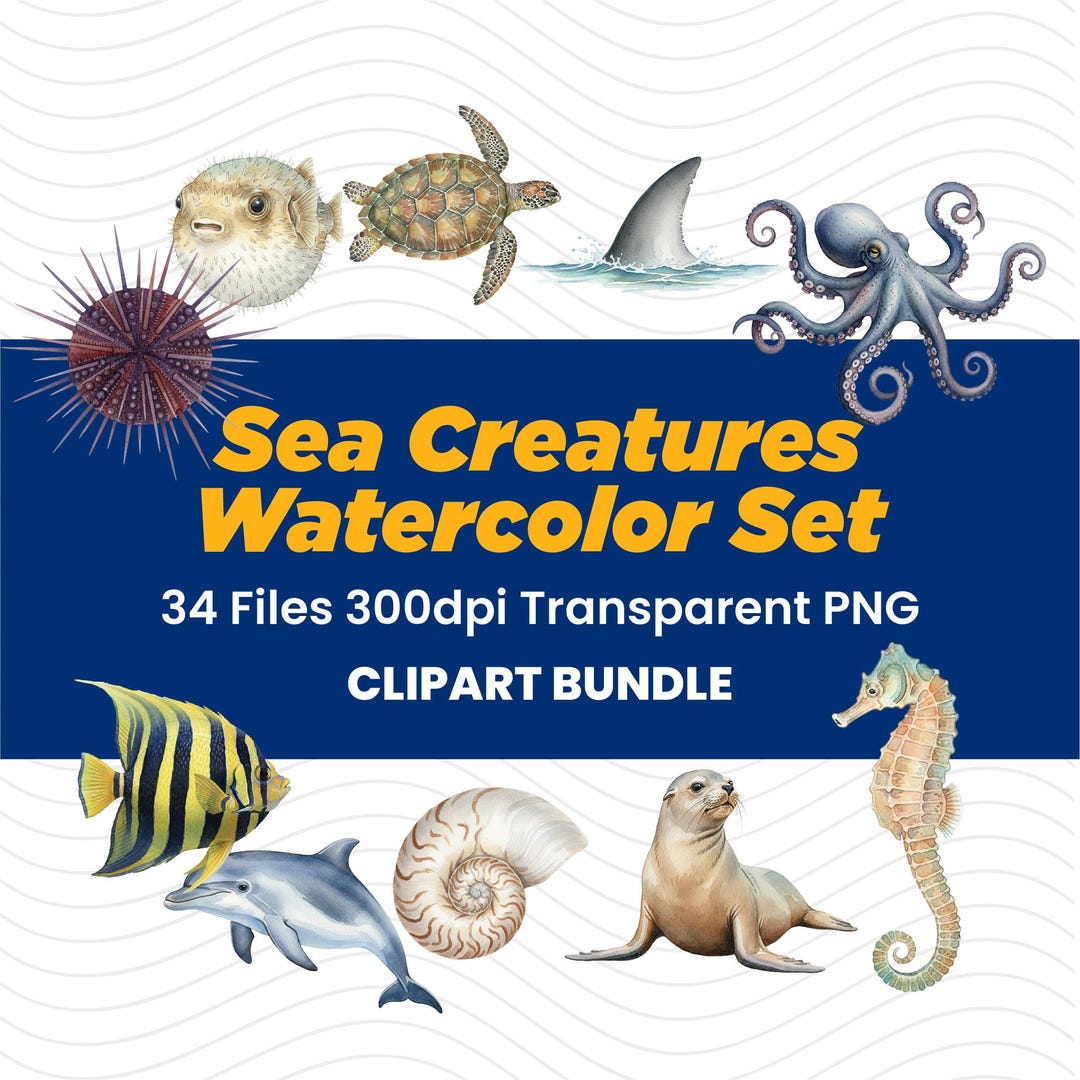 Watercolor Sea Creatures Clipart, Ocean Animals Illustration (PNG Files ...