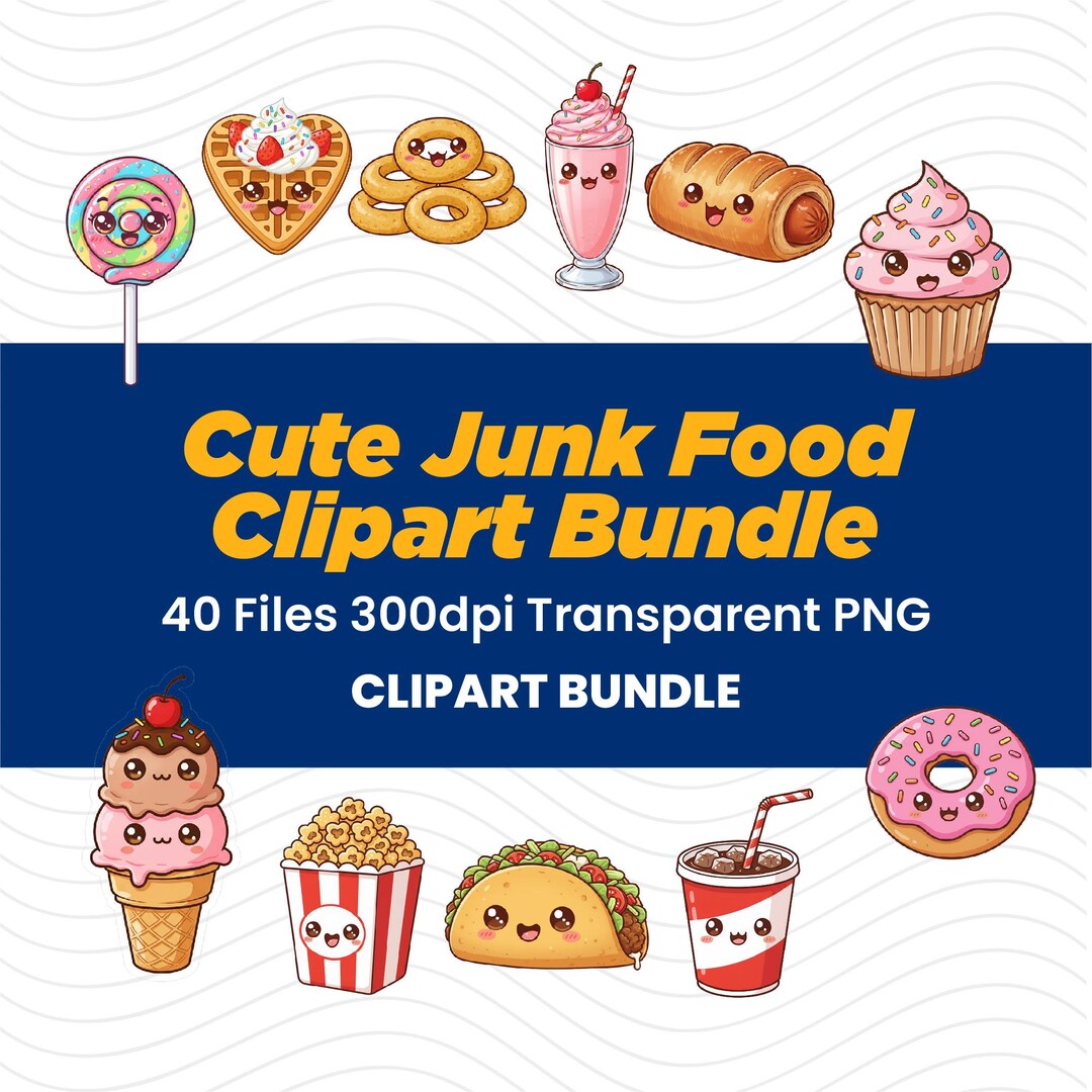 Kawaii Junk Food Clipart Bundle, Cartoon PNG (300 DPI Transparent PNG ...