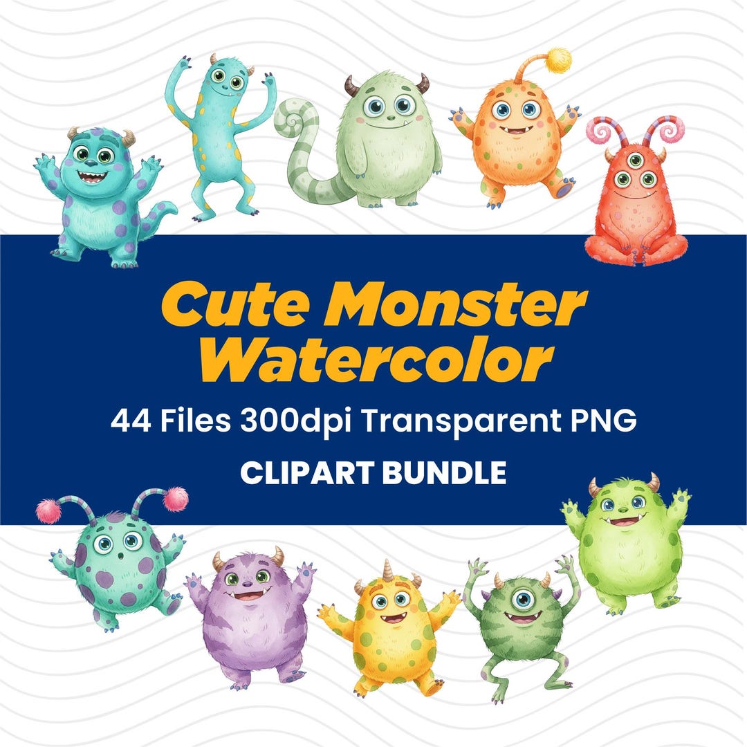 Watercolor Monster Clipart Bundle, Cartoon Monsters (PNG, 300 DPI) - Etsy