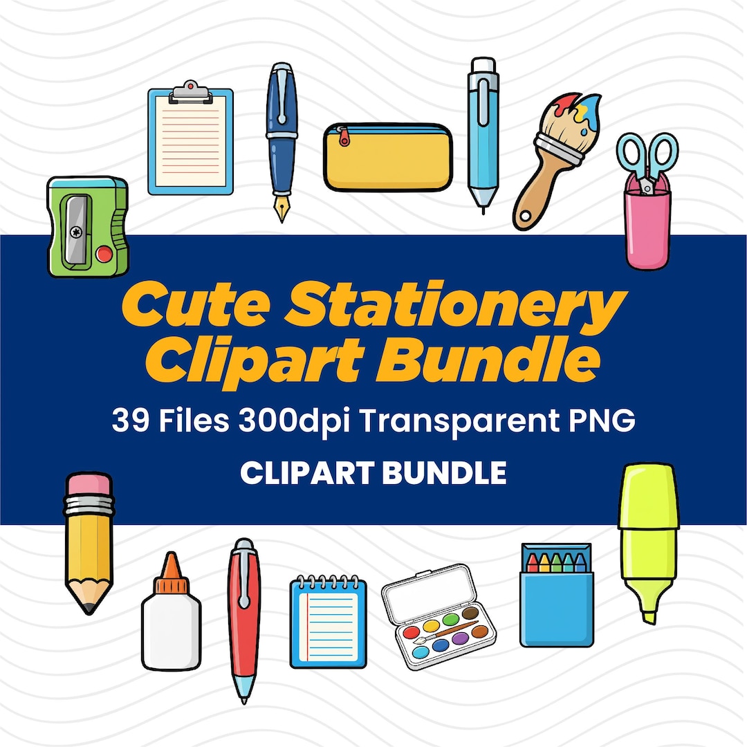 School Stationery Clipart Bundle, Cartoon PNG Graphics (digital ...