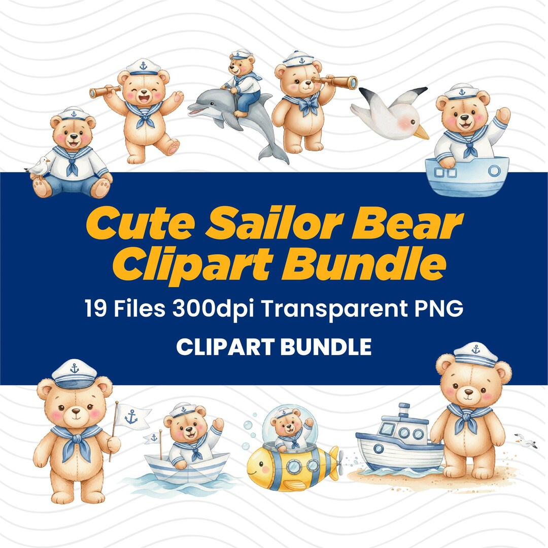 Watercolor Sailor Bear Clipart Bundle, Nautical PNG (digital Download ...