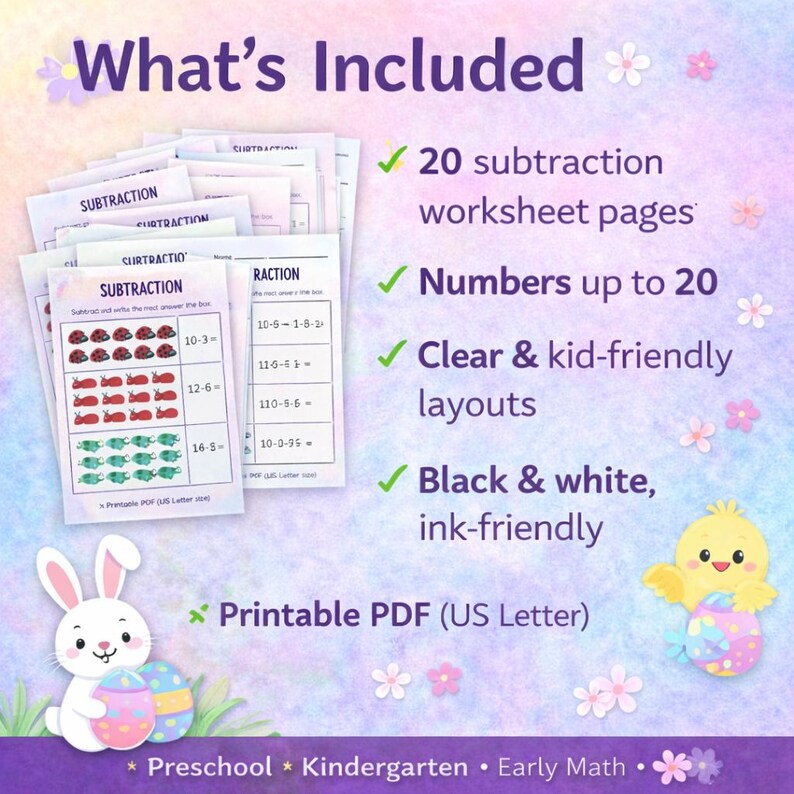 Easter Subtraction Worksheets Printable for Preschool & Kindergarten - Etsy