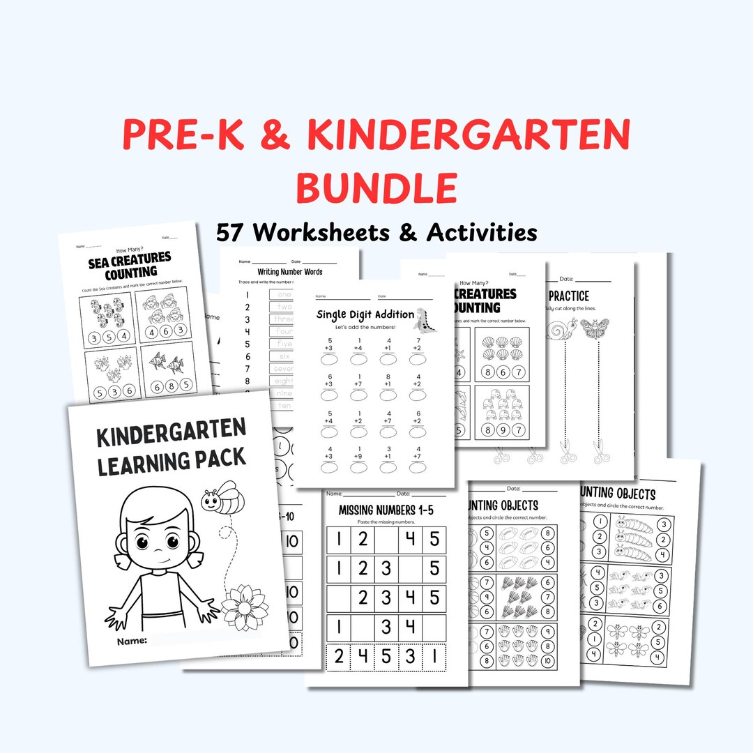 Pre-k & Kindergarten Worksheets Bundle | 57 Printable Activities ...