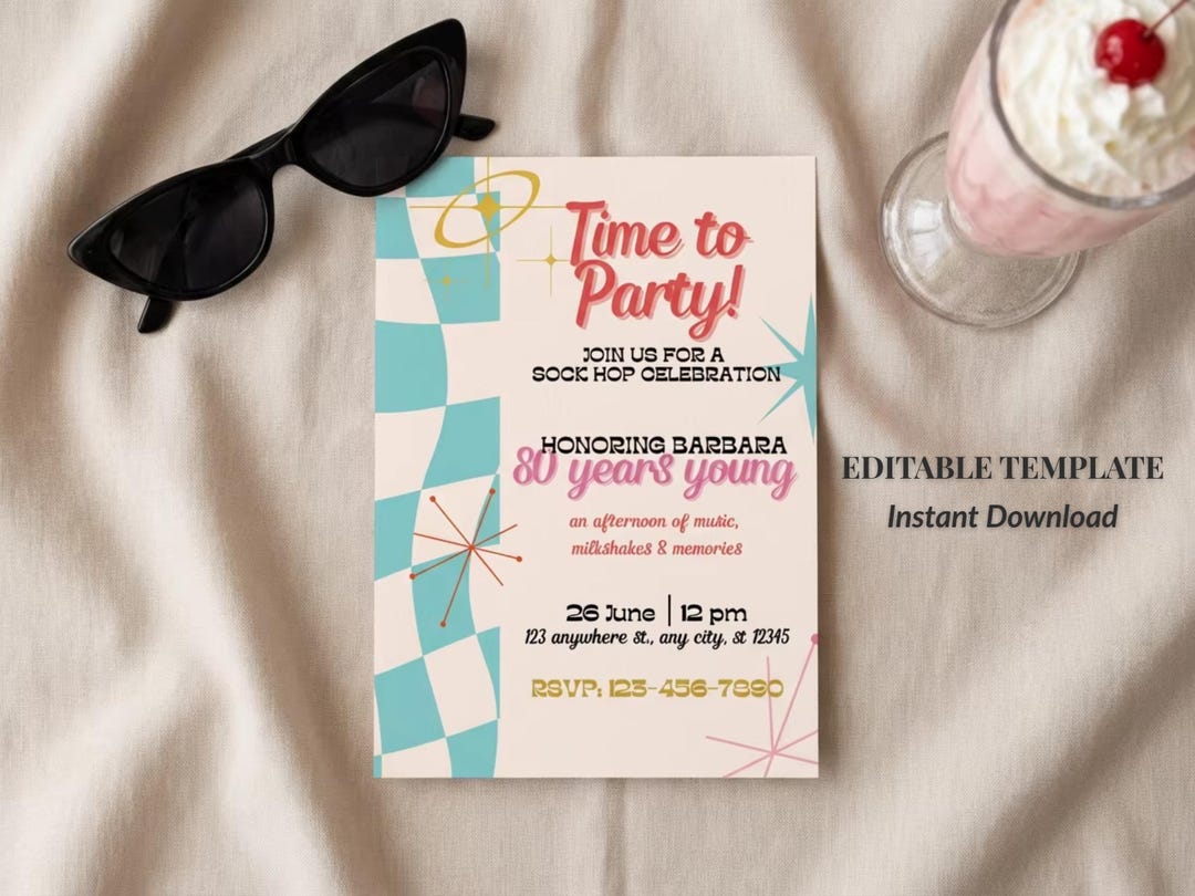80th Birthday Sock Hop Invitation Template, Inspired by the Retro 1950s ...