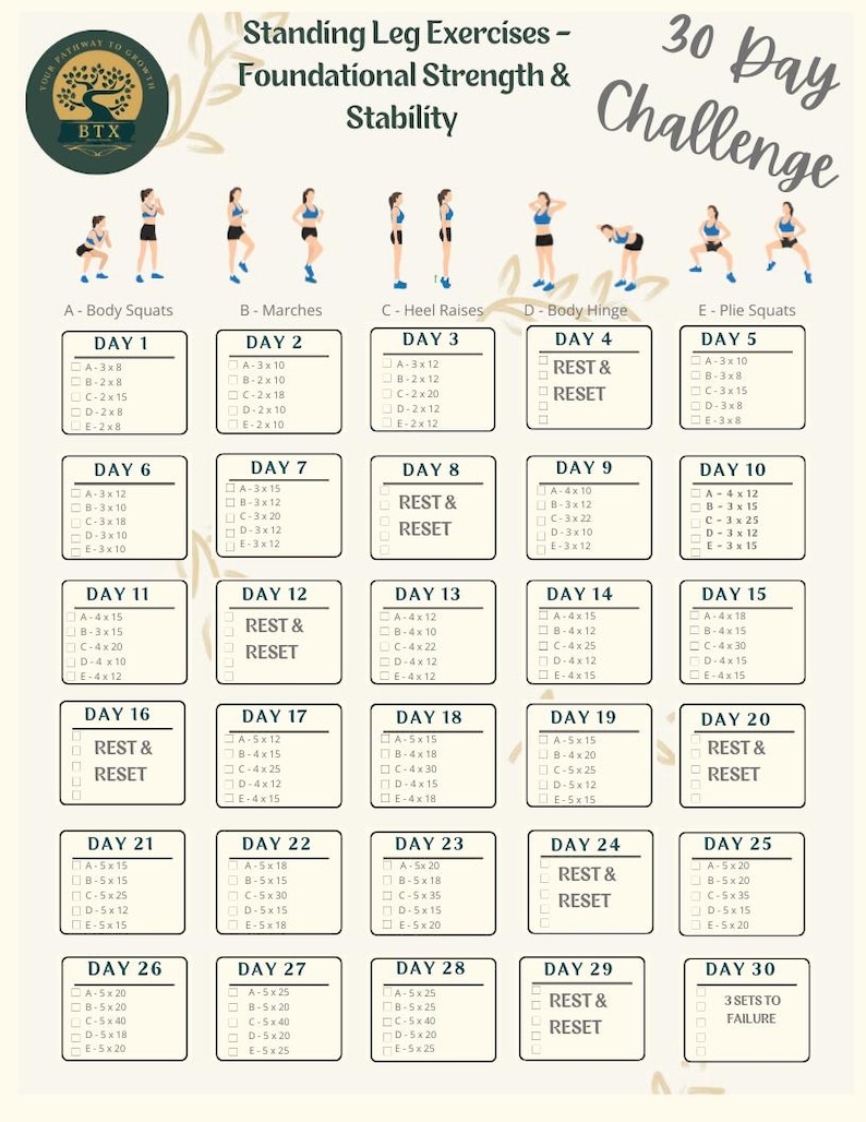 30 Day Standing Leg Challenge | Calendar Fitness Planner | Digital ...