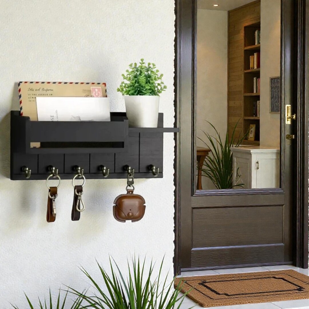 Rustic Wood Key Holder Shelf Mounted Key Rack and Mail Box With 6 Hooks ...