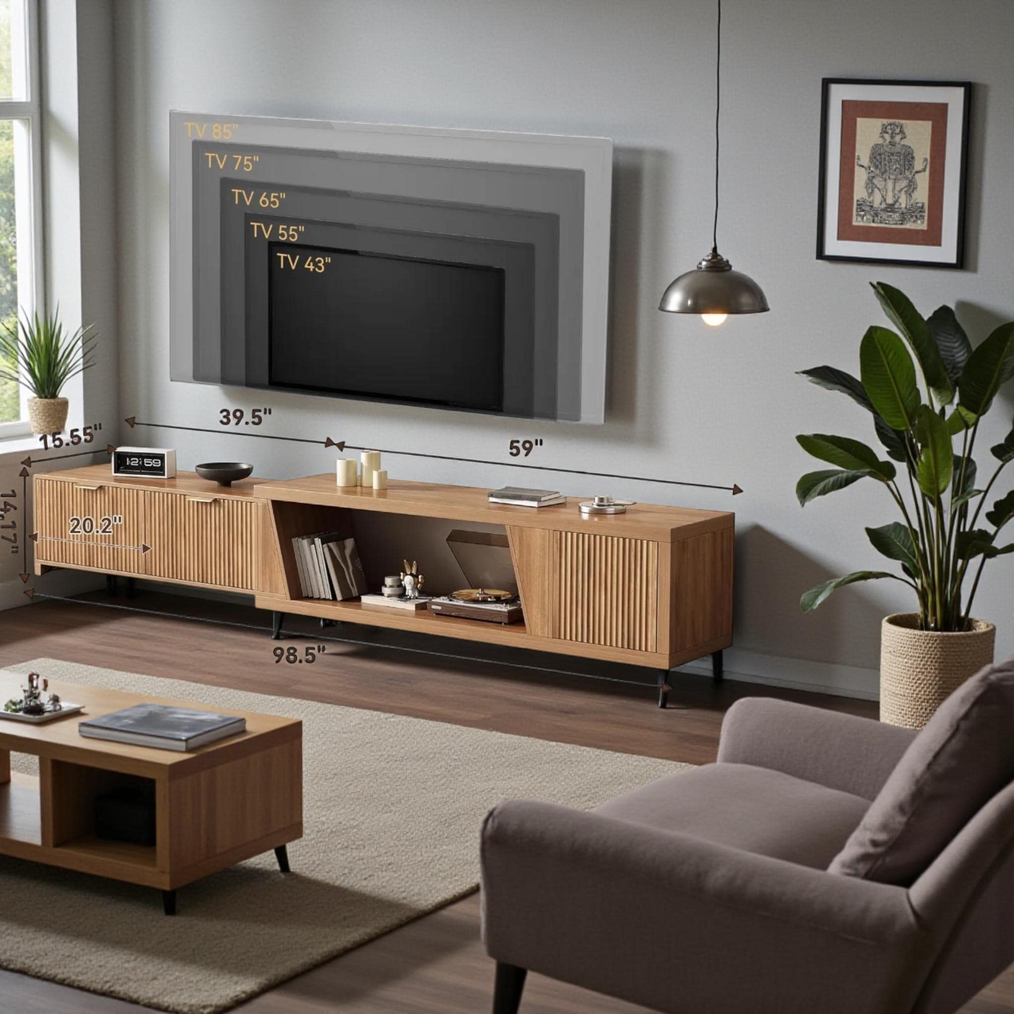 Extendable TV Stand With Storage Cabinet 98.5-inch Media Console Wood ...
