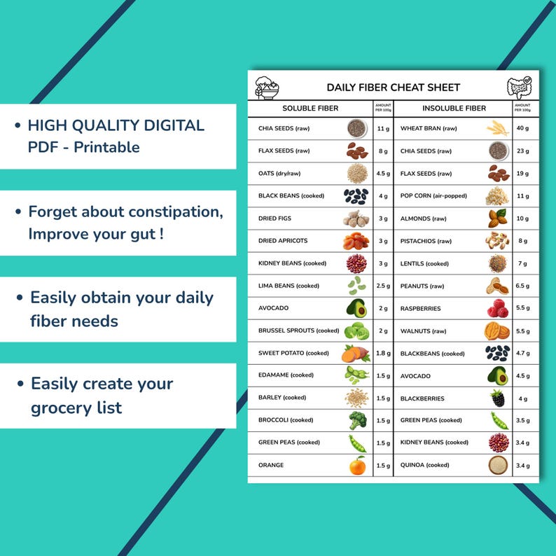Daily Fiber Cheat Sheet PDF | Gut Health Food Poster | Kicthen Wall Art ...