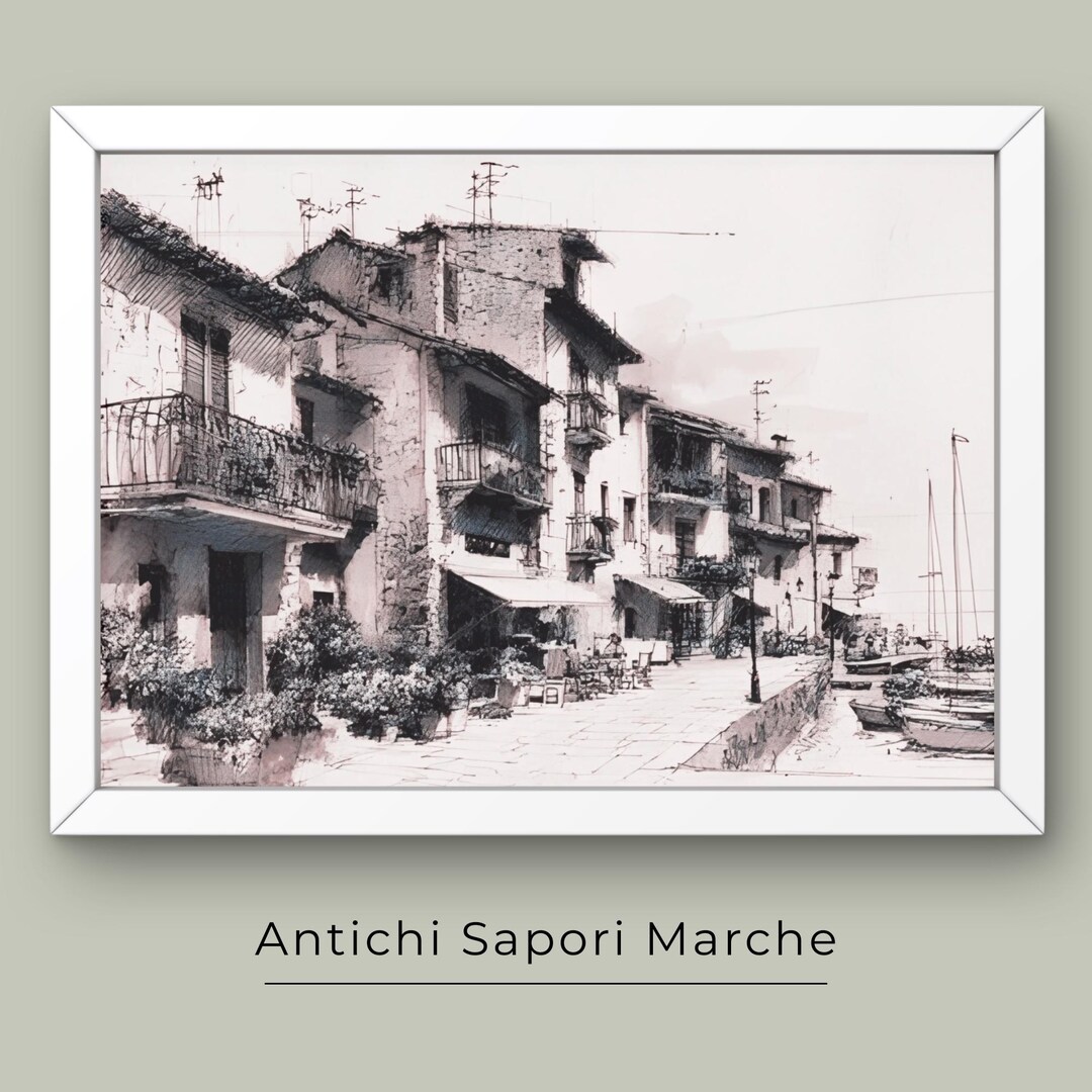 Old World Italian Waterfront Sketch, Coastal Town Architecture Drawing ...