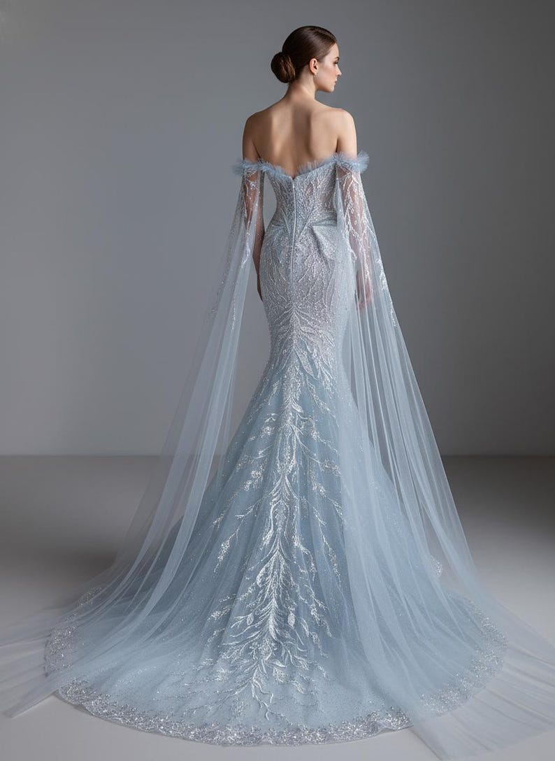 Light Blue Mermaid Wedding Dress Sparkly Sequin Bridal Gown Detachable ...