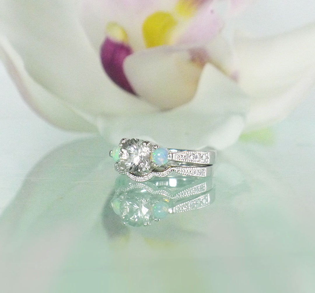 October Birthstone, Wedding Set, Opal Ring, Opal Wedding Set, Herkimer ...