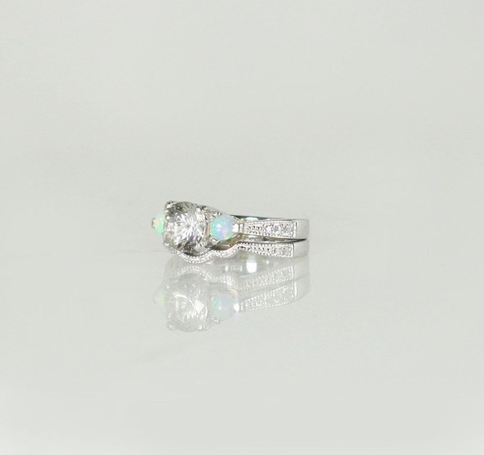 October Birthstone, Wedding Set, Opal Ring, Opal Wedding Set, Herkimer ...
