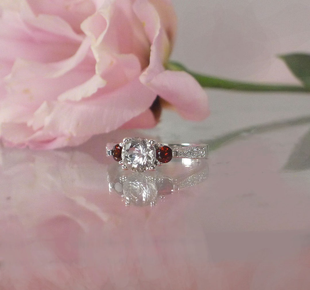 Red Garnet Ring, Garnet Birthstone Ring, Garnet Three Stone Ring ...