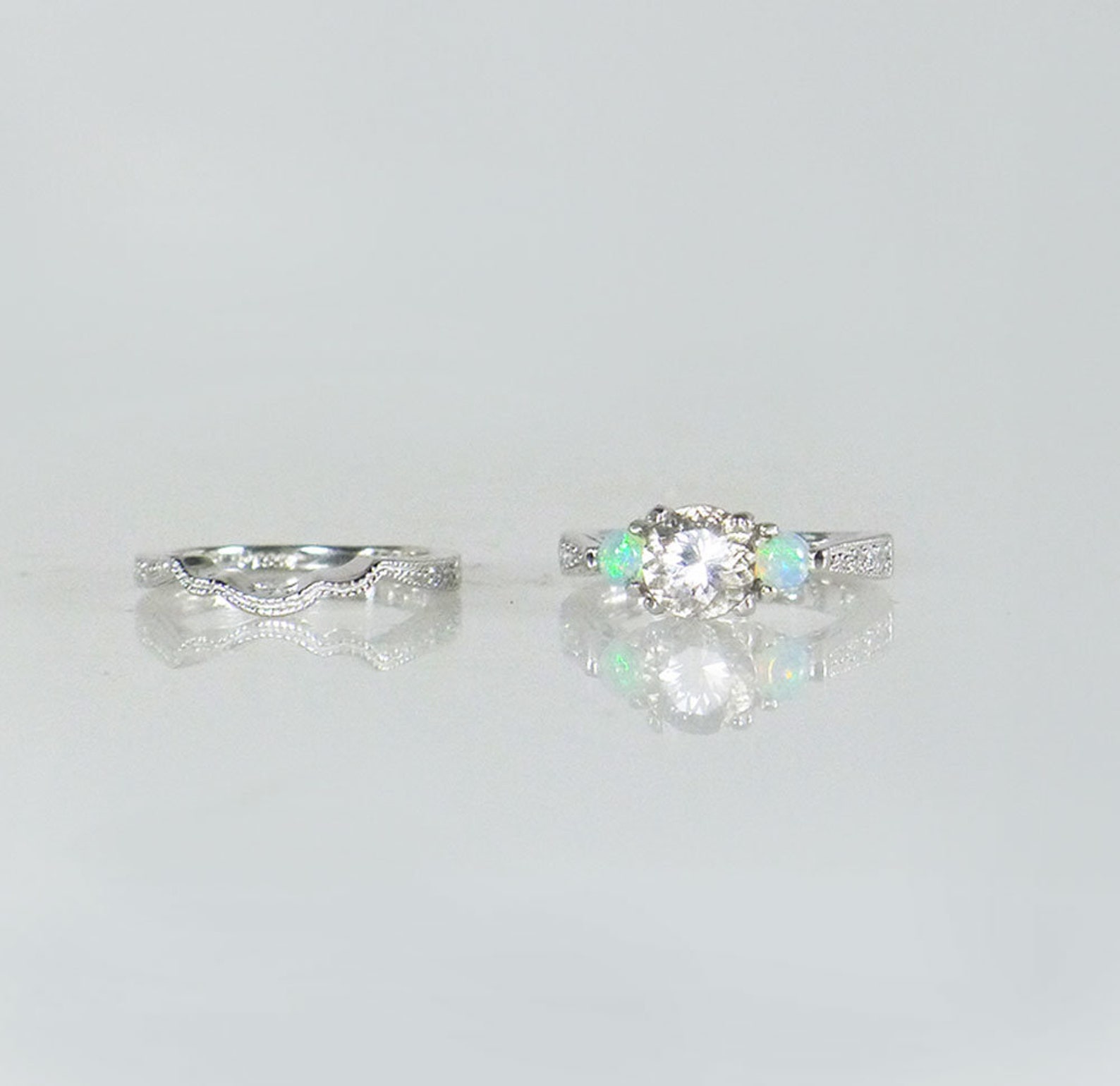 October Birthstone, Wedding Set, Opal Ring, Opal Wedding Set, Herkimer ...