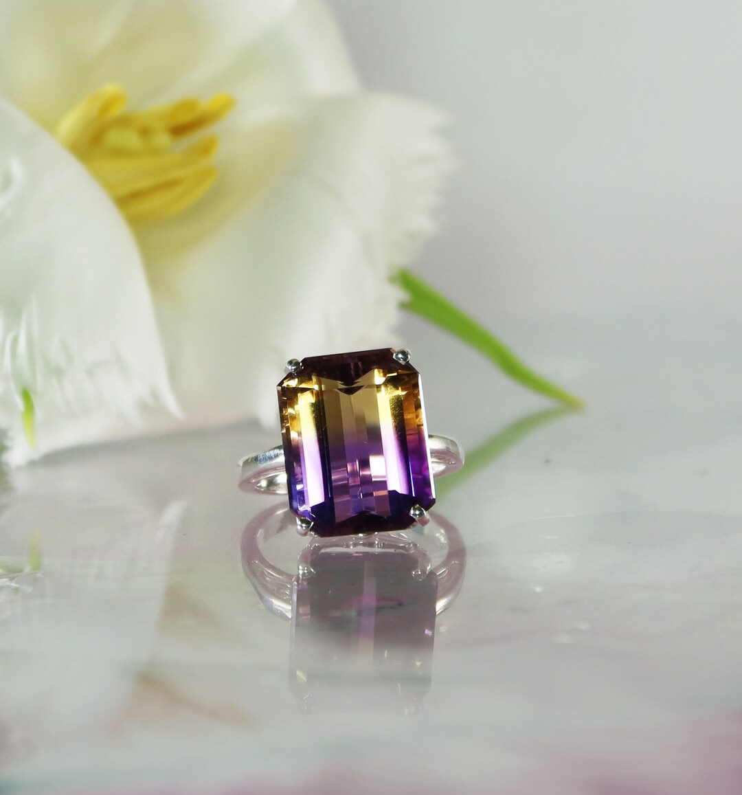 Ametrine Ring, Ametrine Solitaire Ring, Purple and Yellow Gemstone Ring ...