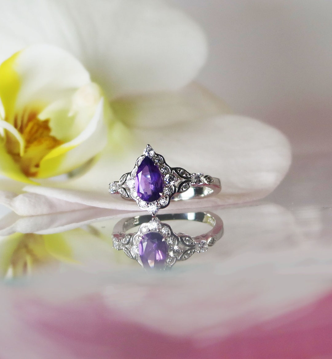 Amethyst Ring, Teardrop Amethyst Ring, Purple Gemstone Ring, Amethyst ...