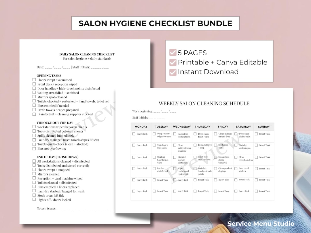 Salon Hygiene Checklist Bundle | Printable Cleaning Checklists for ...