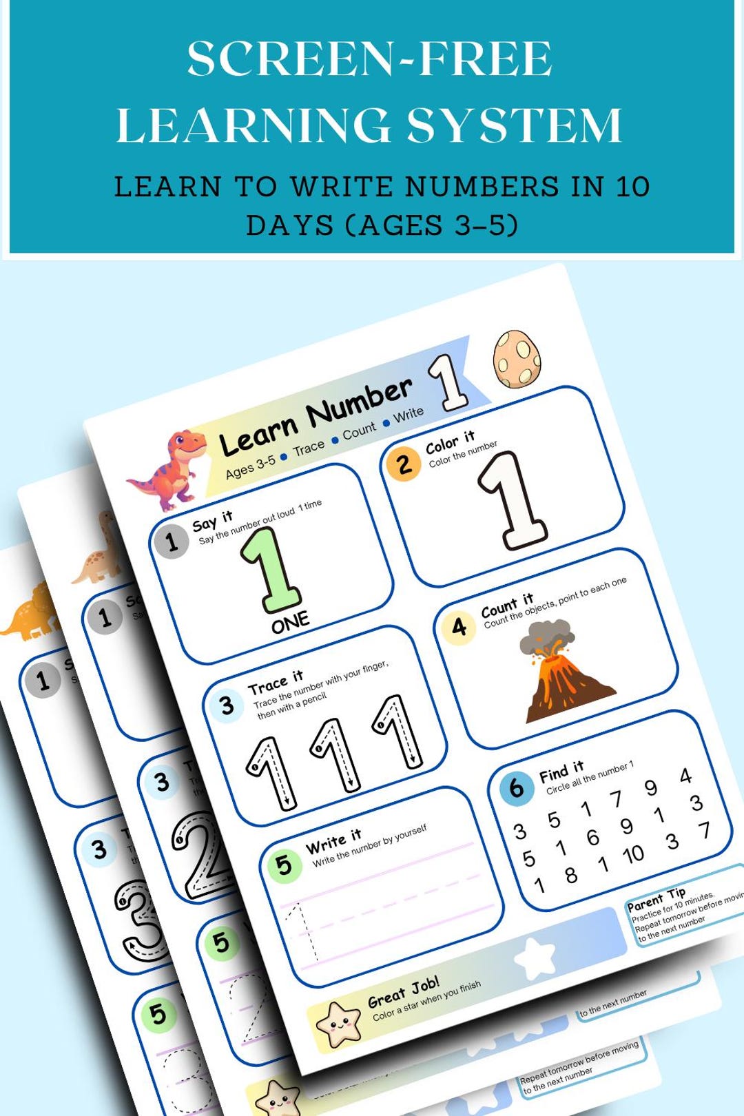 Dino Number Learning Workbook 0-10, Trace Count Write Printable ...
