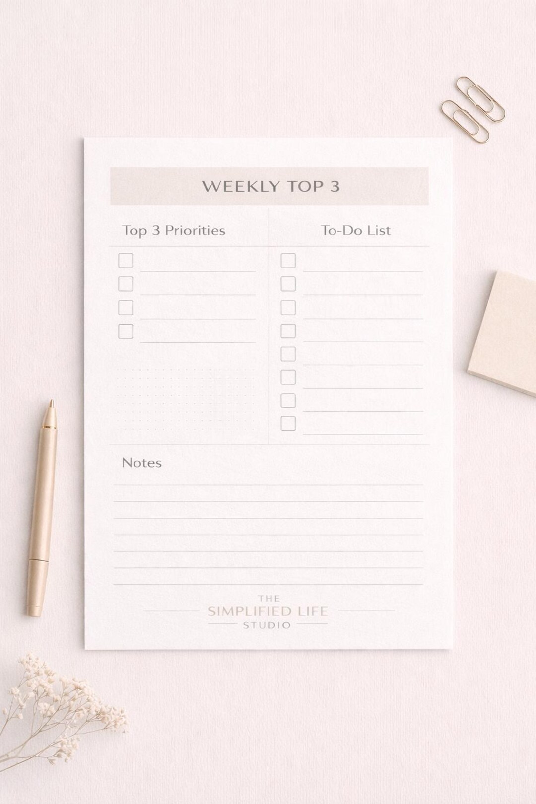 Weekly Top 3 Priorities Planner | Minimalist Productivity Sheet ...