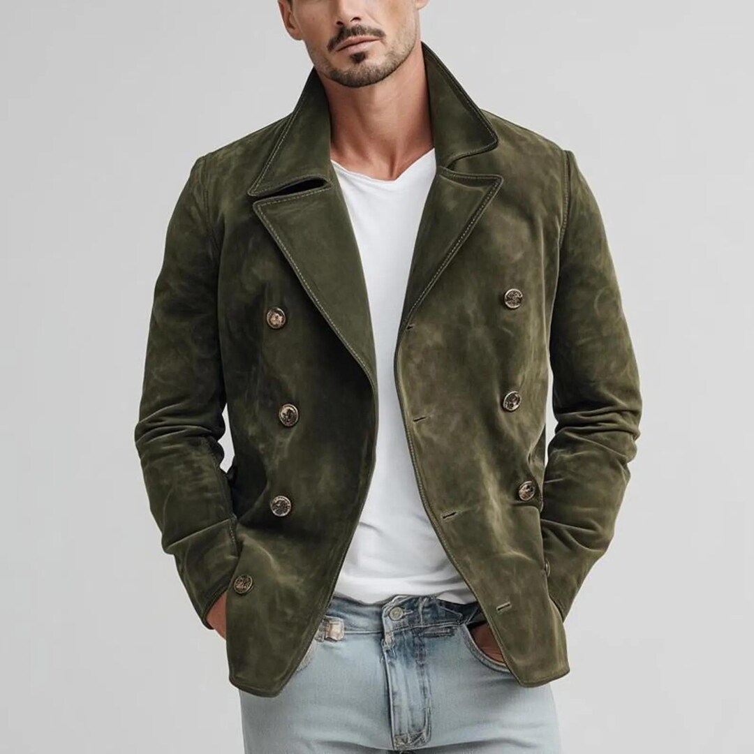 Men's Handmade Olive Green Real Suede Peacoat Double-breasted Jacket ...