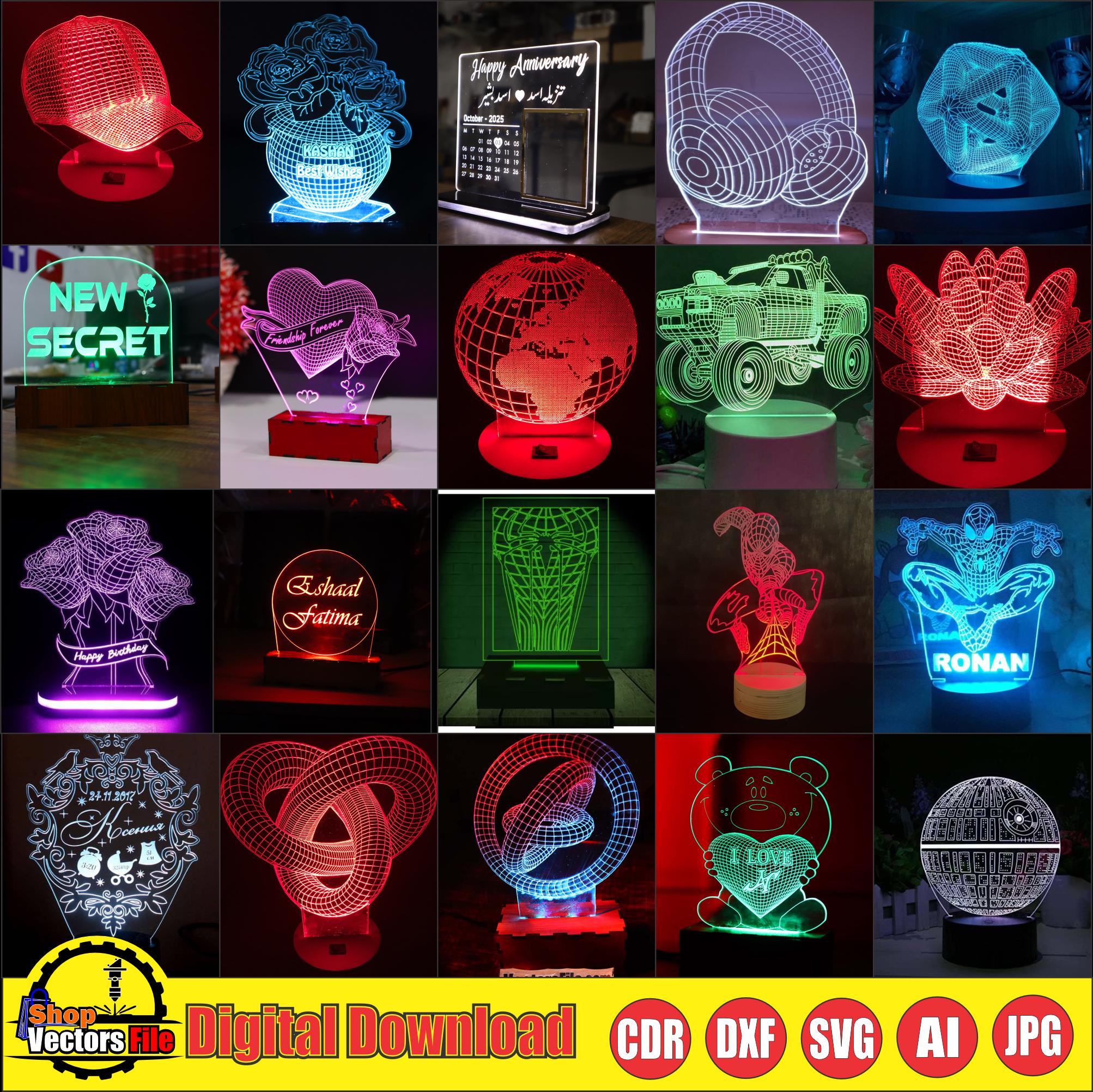 3D Illusion Lamps Vector Bundle for Laser Cut and Engraving | 3D Night ...