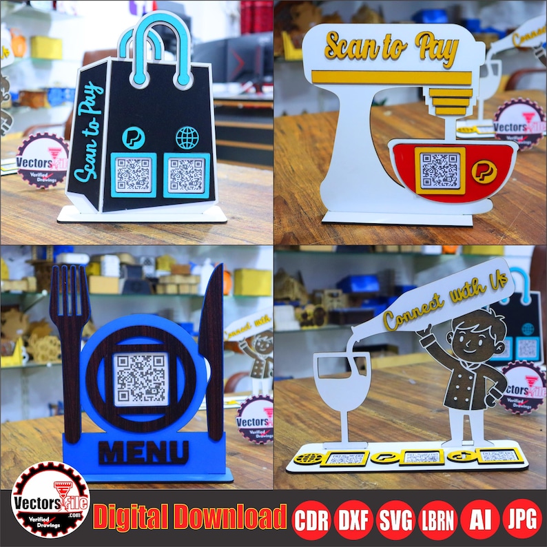 Laser Cut QR Code Stand Bundle, Scan to Pay, Connect With Us Display ...