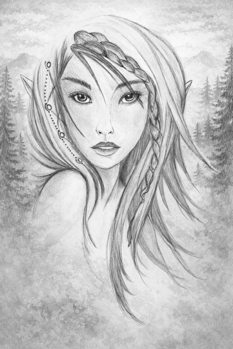 Elf Portrait Printable – Pencil Drawing Wall Art – Black and White ...