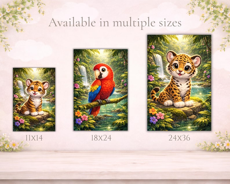 Jungle Animals Nursery Wall Art Bundle, Watercolor Tiger Leopard Parrot ...