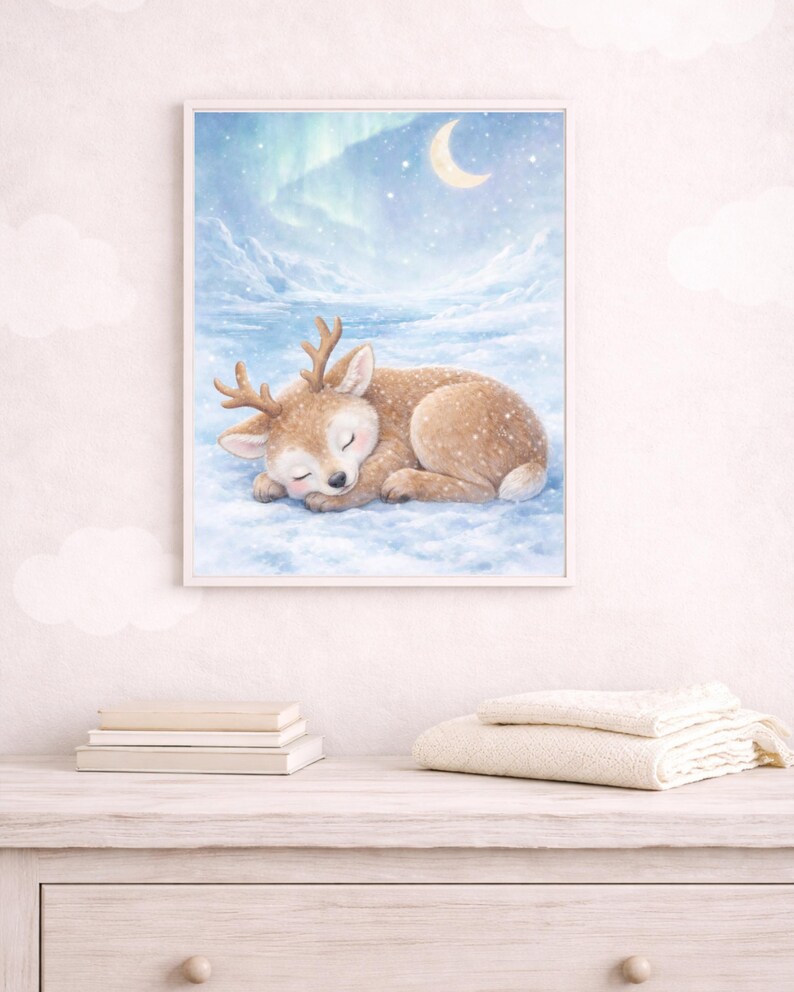 Sleeping Reindeer Nursery Wall Art Printable, Neutral Arctic Baby Room ...