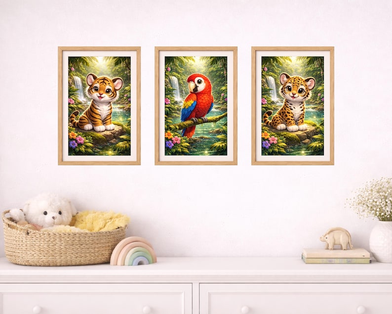 Jungle Animals Nursery Wall Art Bundle, Watercolor Tiger Leopard Parrot ...