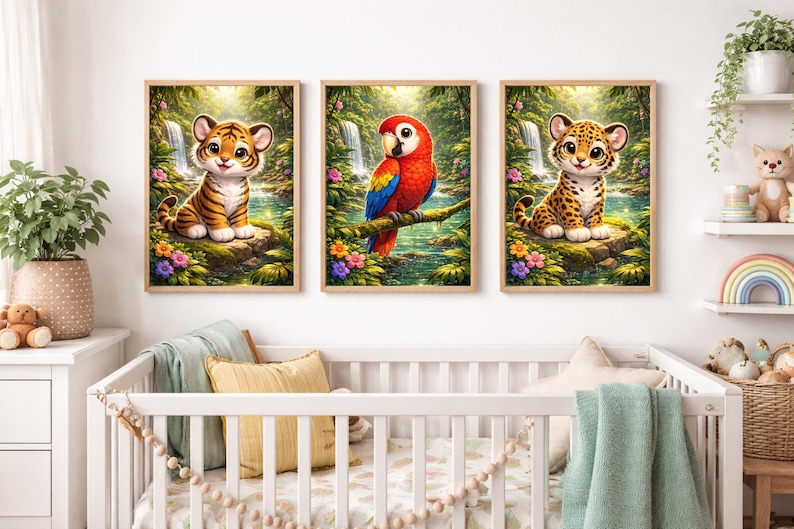 Jungle Animals Nursery Wall Art Bundle, Watercolor Tiger Leopard Parrot ...