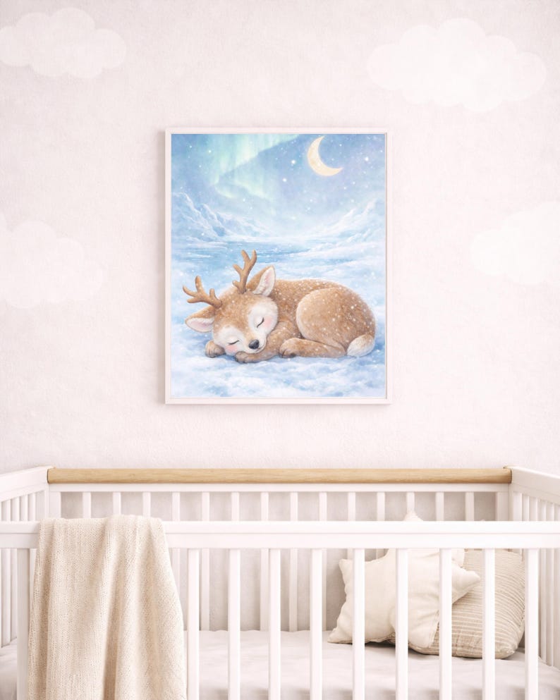 Sleeping Reindeer Nursery Wall Art Printable, Neutral Arctic Baby Room ...