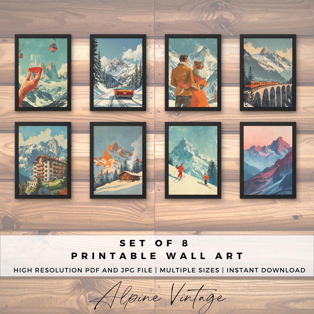 Vintage Alpine Ski Lodge Art Prints | Mountain Gallery Wall (digital ...