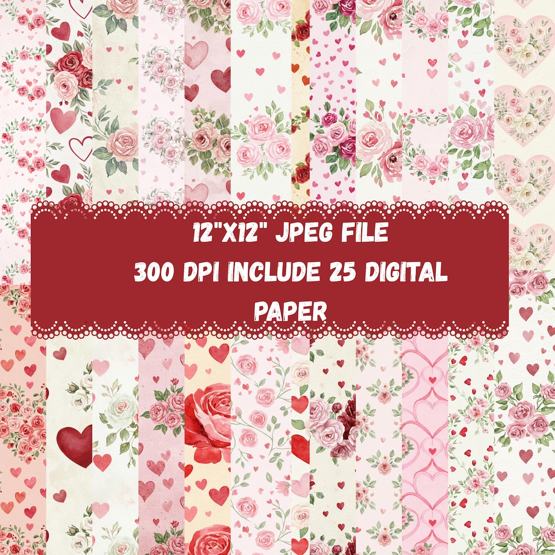 Valentine’s Day Digital Paper Pack 12x12 JPEG 300 DPI | Pink Red Heart ...