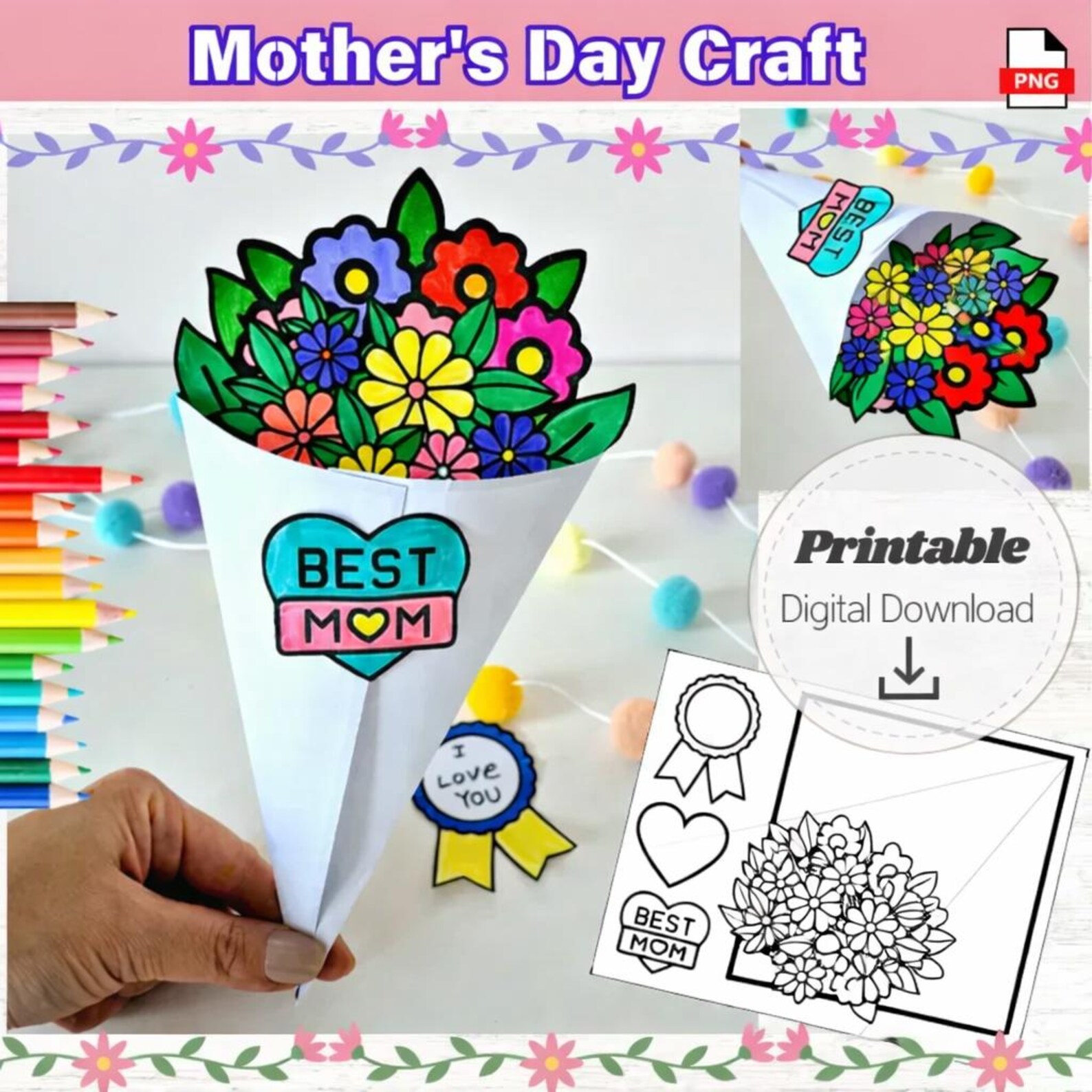 Mother’s Day Craft for Kids, Flower Bouquet Printable, Color Cut and ...