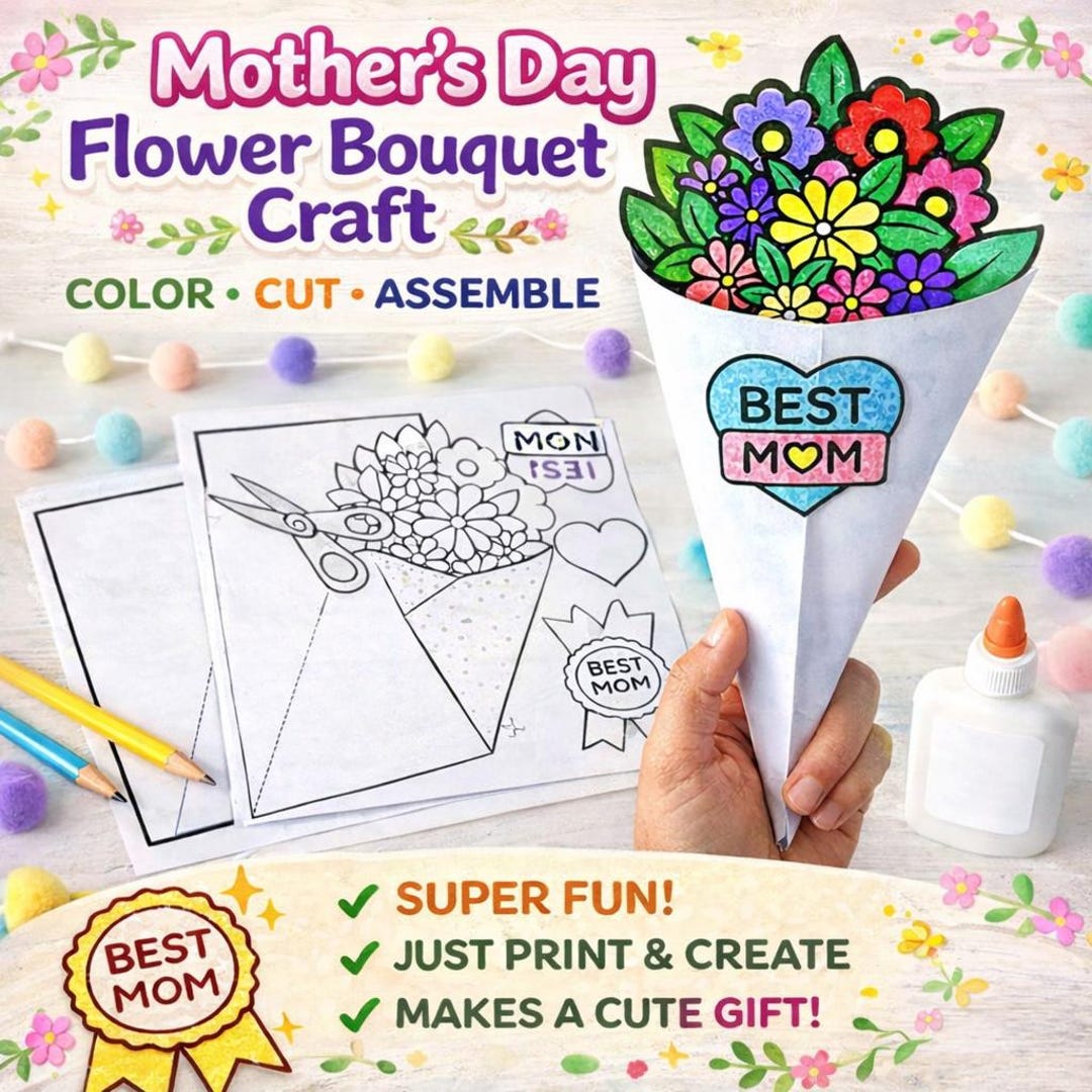 Mother’s Day Craft for Kids, Flower Bouquet Printable, Color Cut and ...